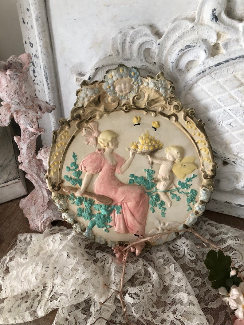 Vintage 1970s Pink Lady Angel Cherub Plaque/pottery/shabby Chic Cottage ...