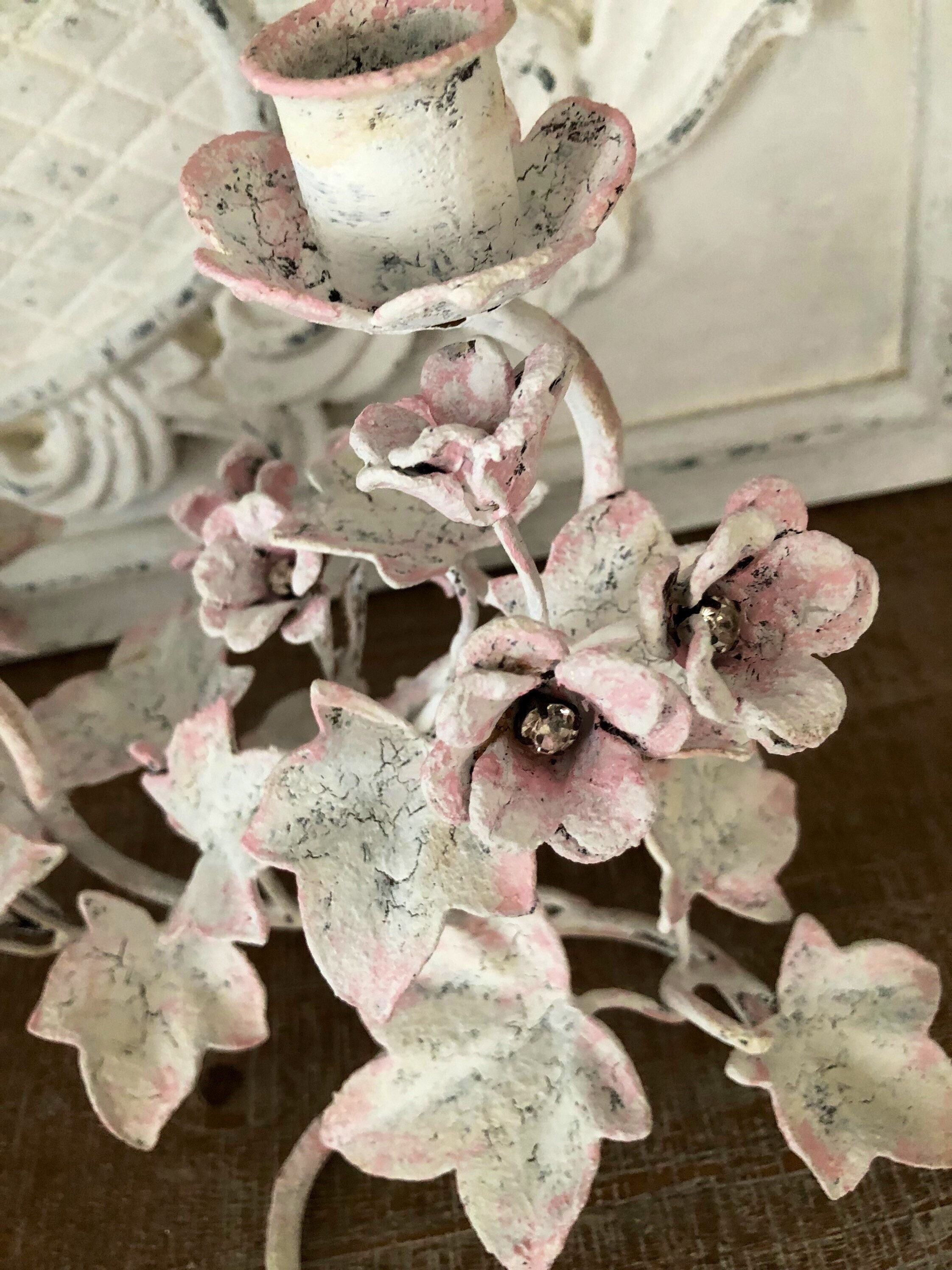 White and Pink Vintage Tole Candleholder/ Shabby Cottage Chic - Etsy