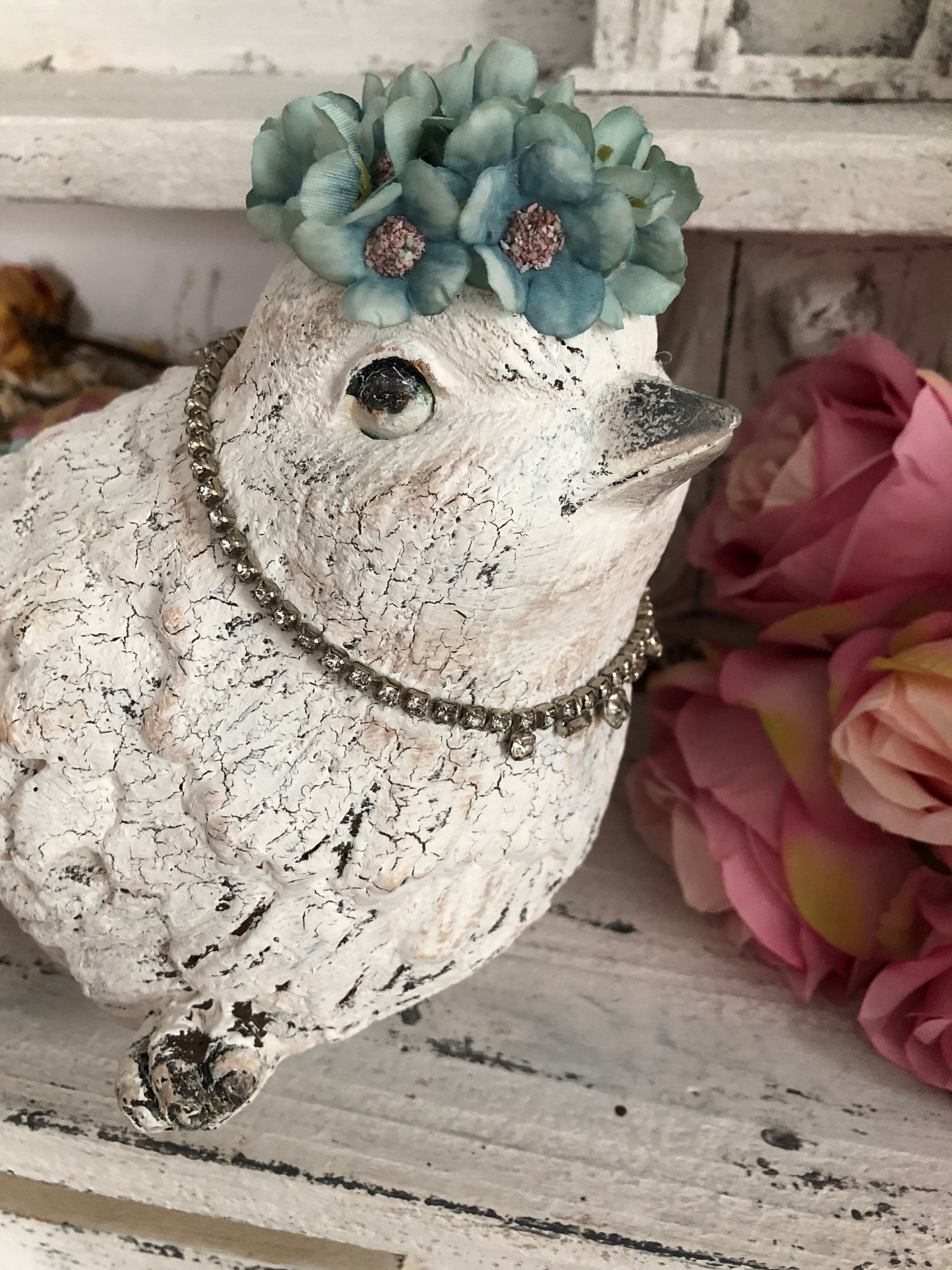 Large Bird Statue With Blue Flowers/vintage Rhinestone - Etsy