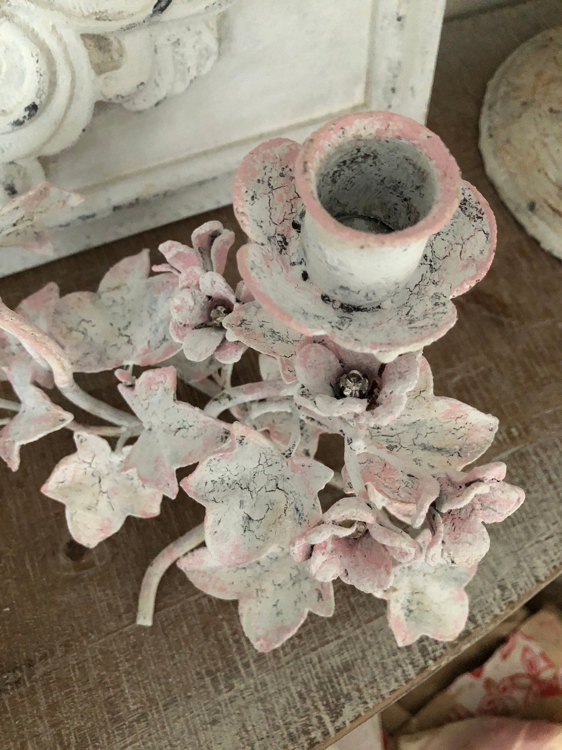 White and Pink Vintage Tole Candleholder/ Shabby Cottage Chic - Etsy