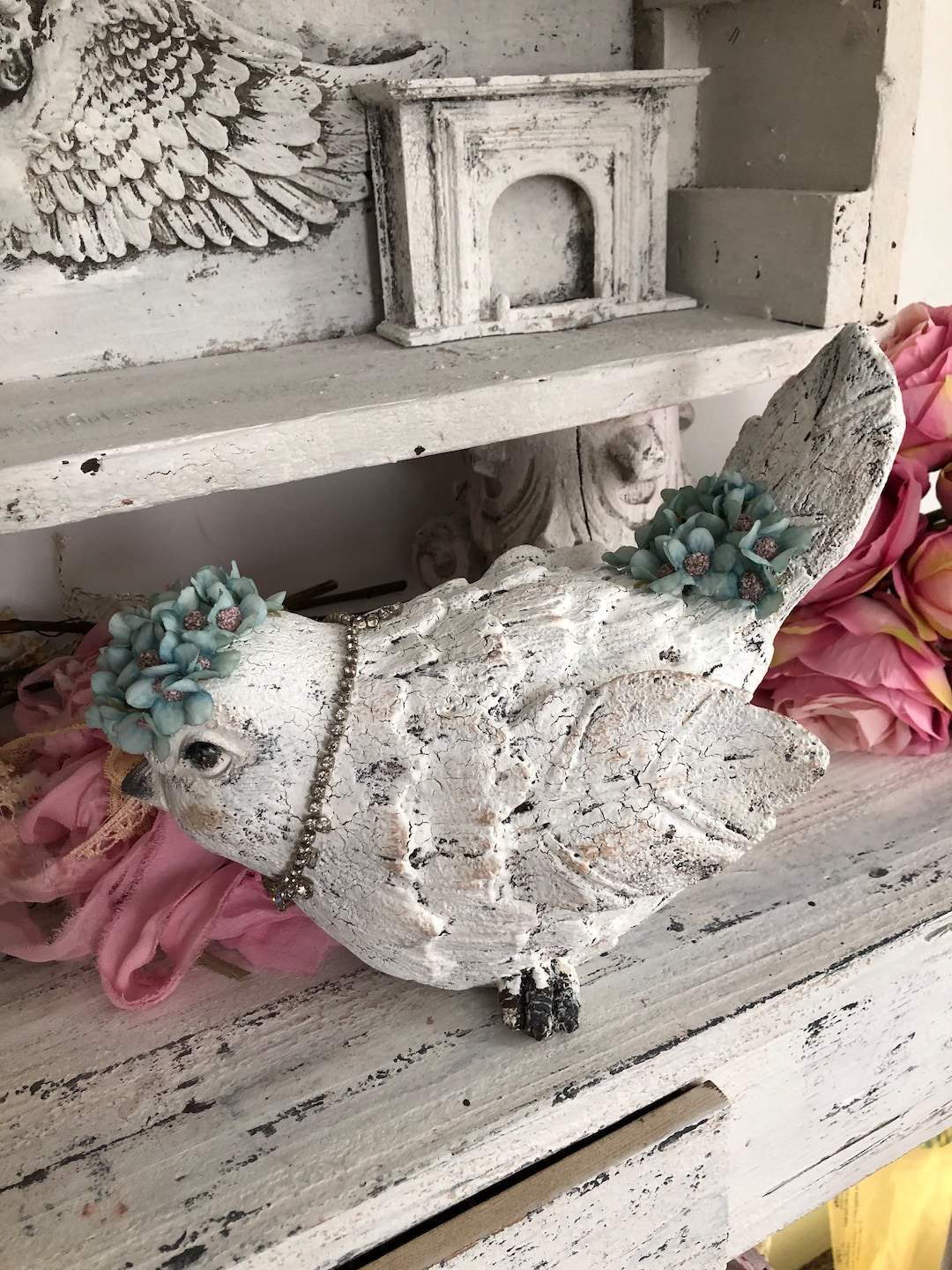 Large Bird Statue With Blue Flowers/vintage Rhinestone Necklace/shabby ...