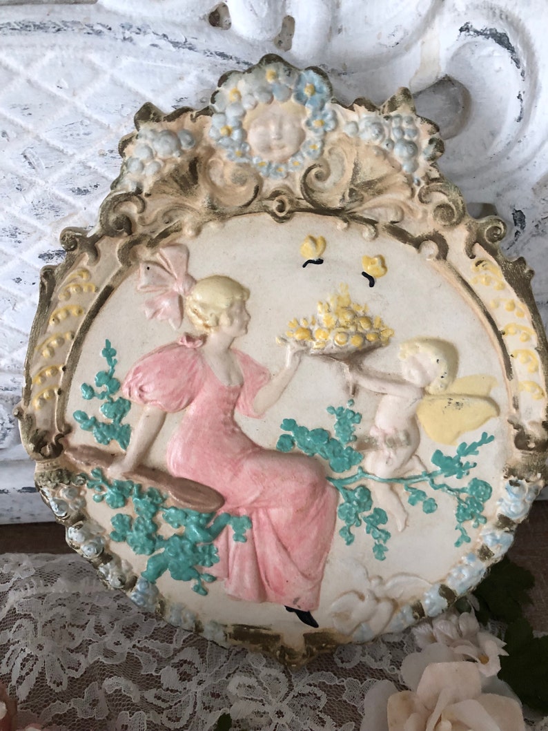 Vintage 1970s Pink Lady Angel Cherub Plaque/pottery/shabby Chic Cottage ...