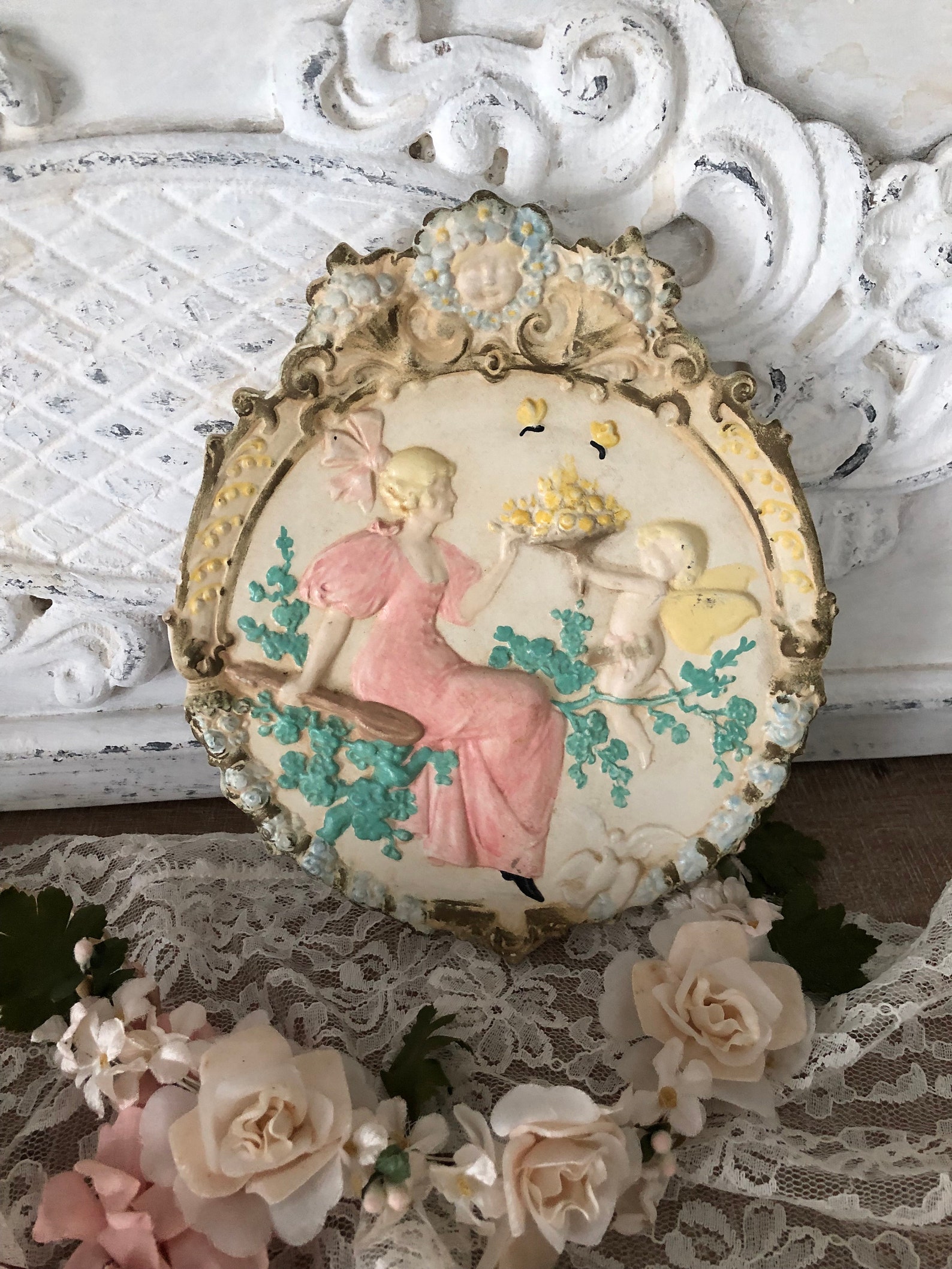 Vintage 1970s Pink Lady Angel Cherub Plaque/pottery/shabby Chic Cottage ...