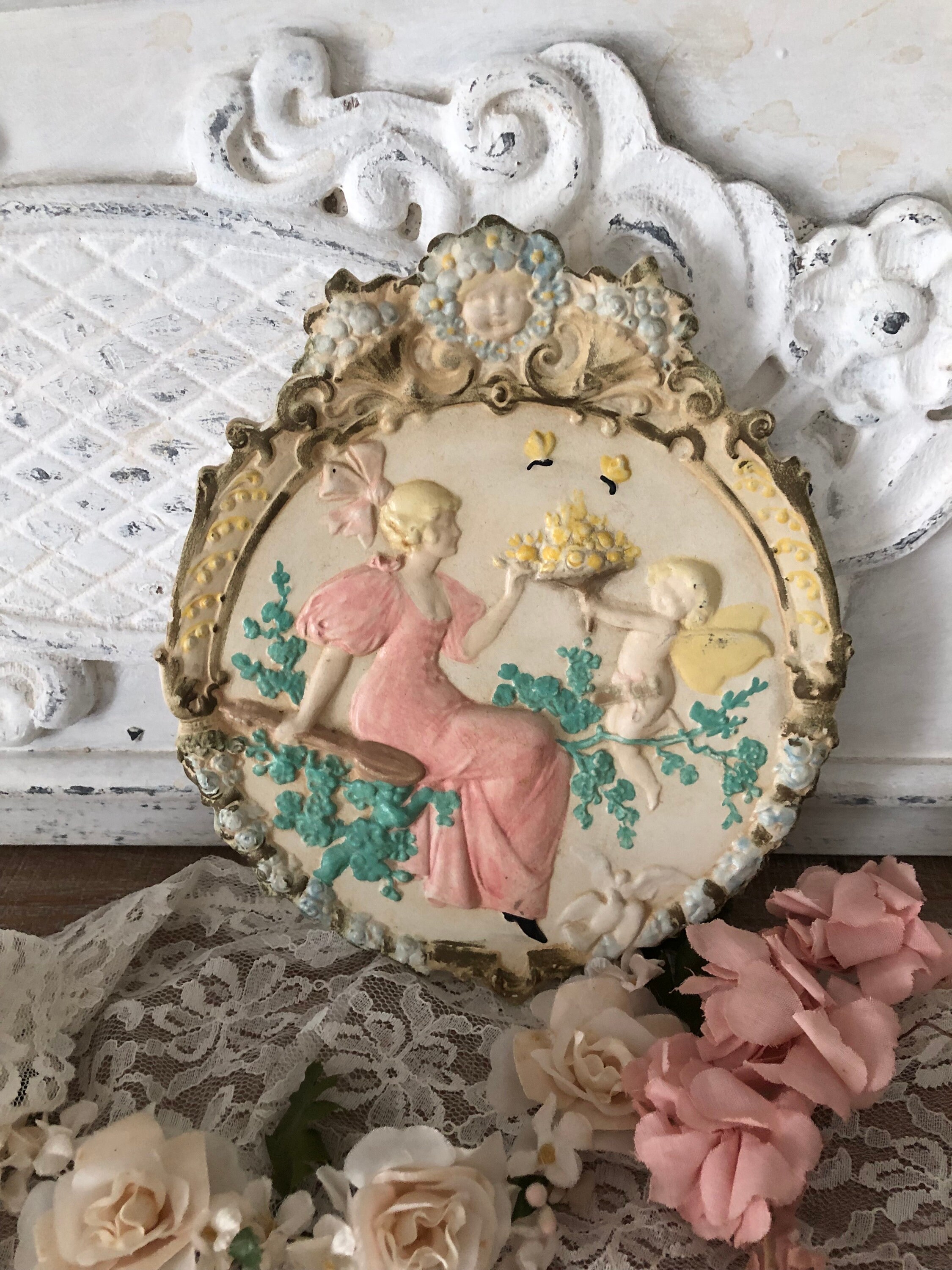Vintage 1970s Pink Lady Angel Cherub Plaque/pottery/shabby Chic Cottage ...