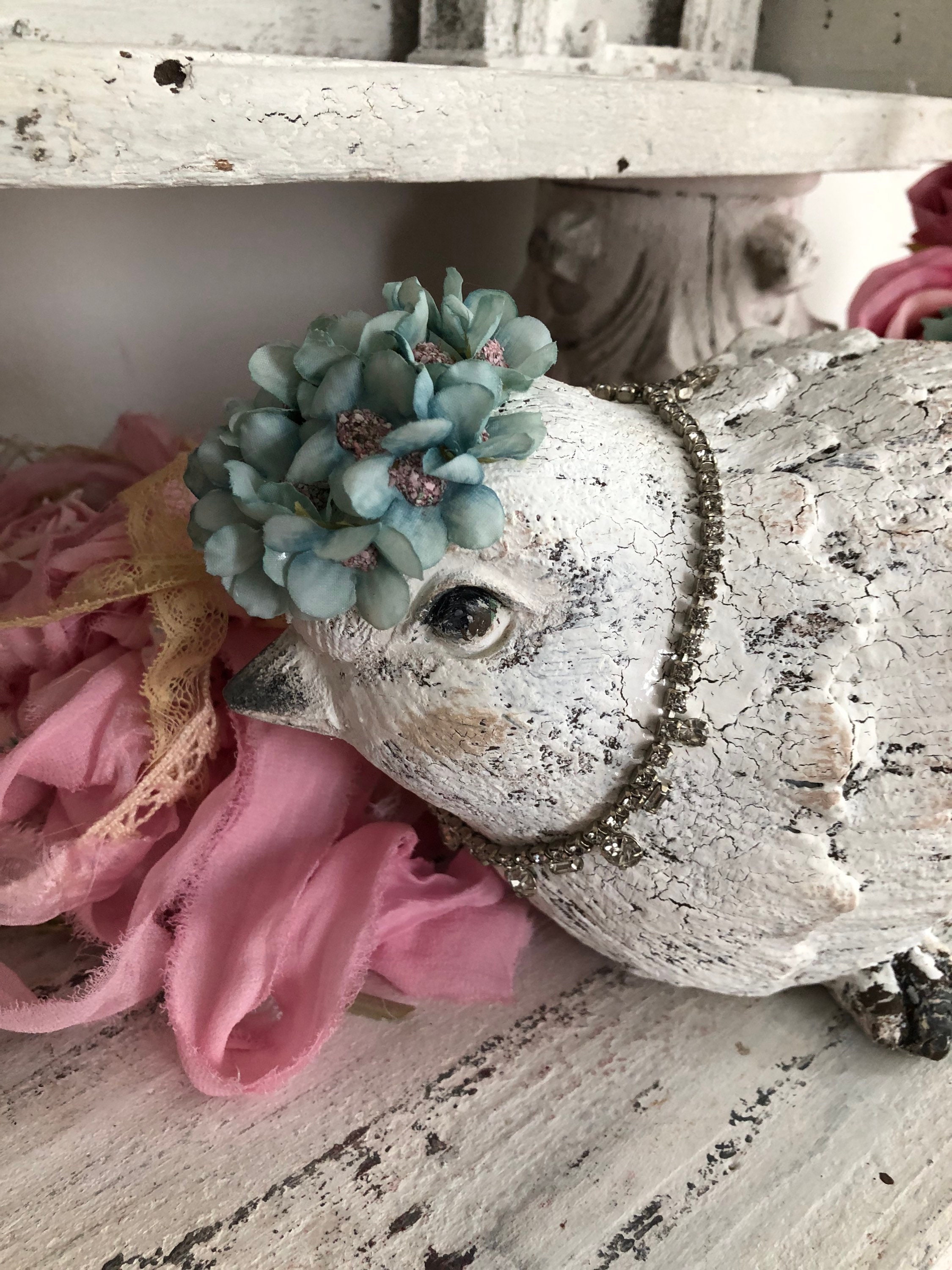 Large Bird Statue With Blue Flowers/vintage Rhinestone - Etsy