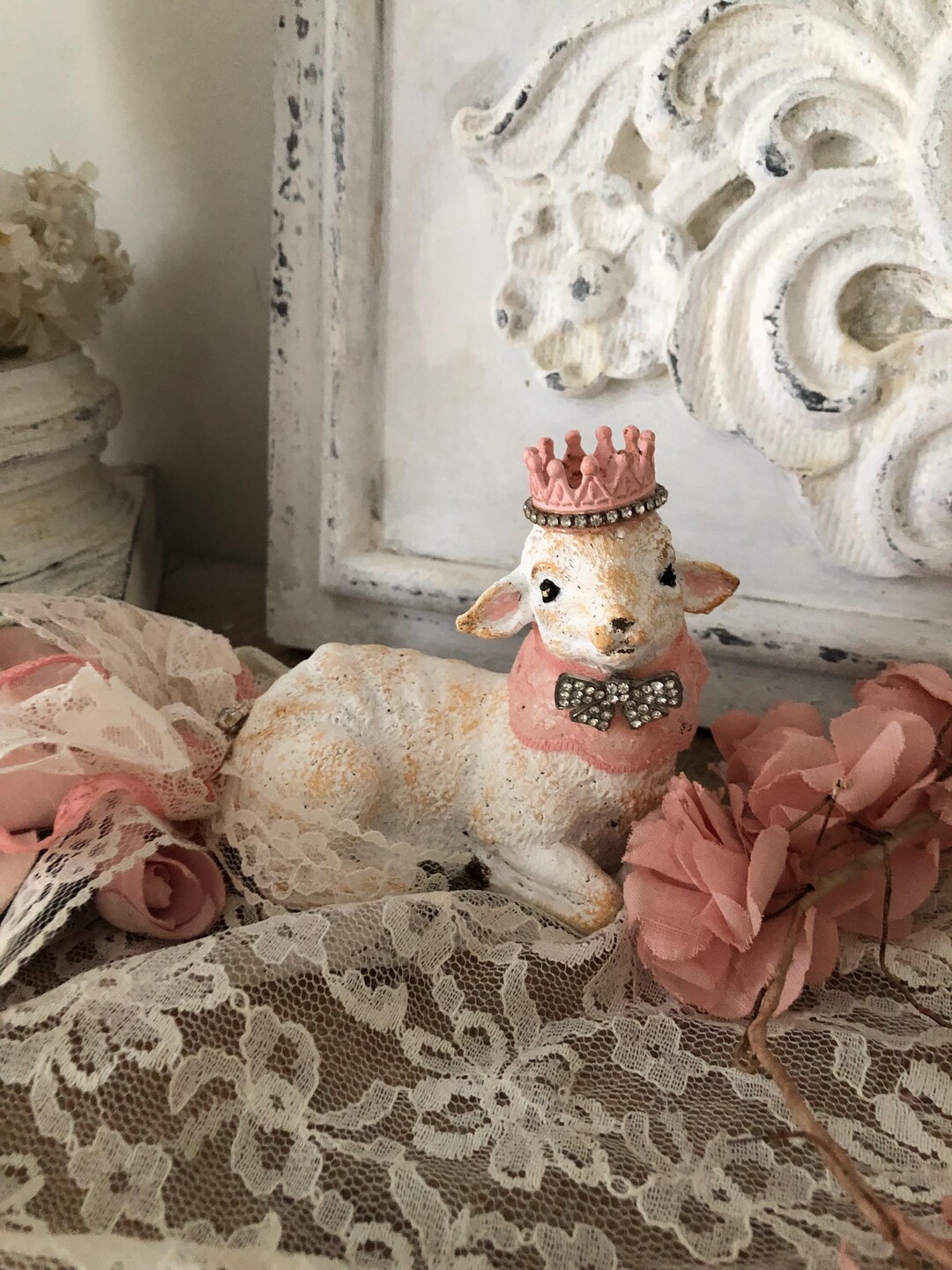 Small/petite White Distressed Sheep/lamb Statue/pink Crown/vintage ...
