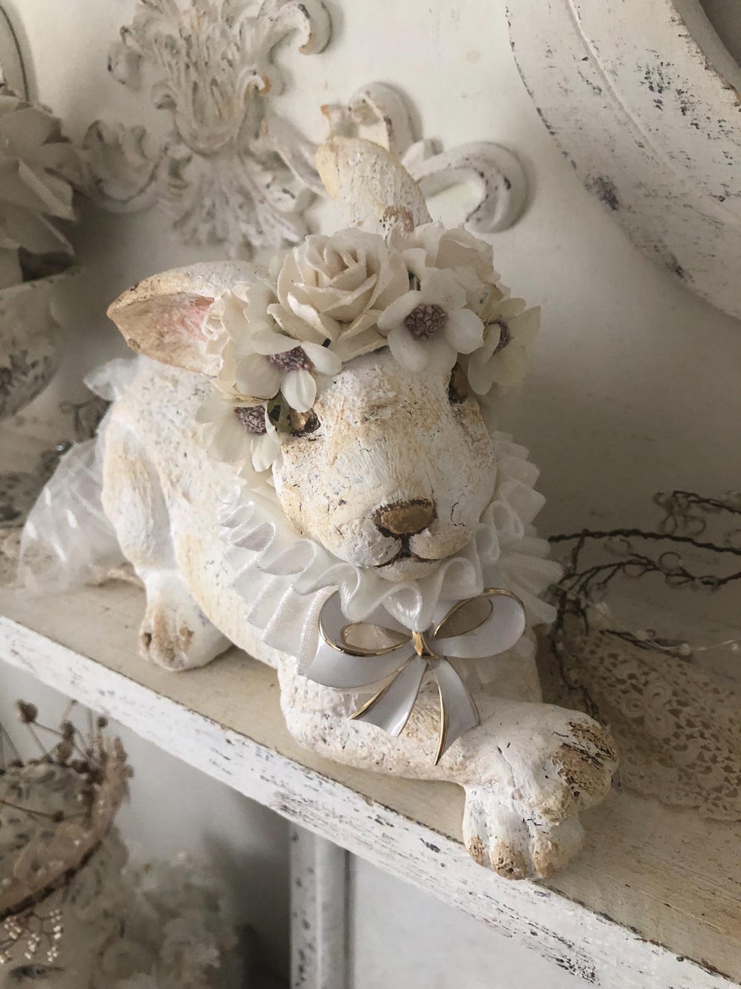 White Distressed Rabbit Statue/white Paper Flowers/vintage White Bow ...