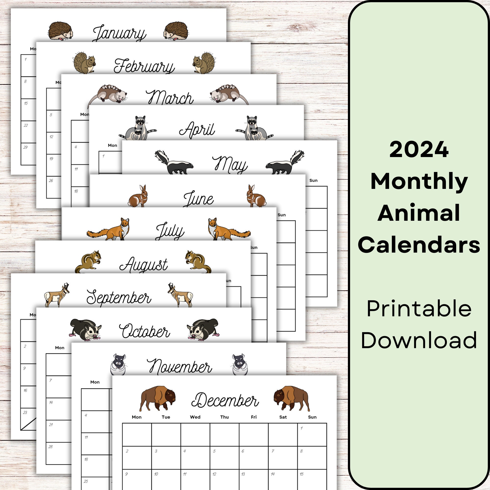 2024 Calendar Printable Animals, Monthly Cute Calendar, Digital ...