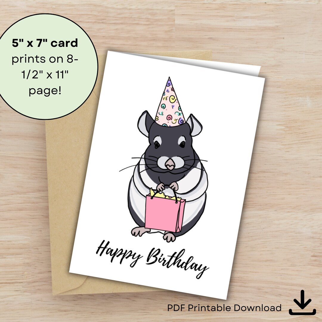 Printable Chinchilla Happy Birthday Card, Birthday Notecard, Vertical ...