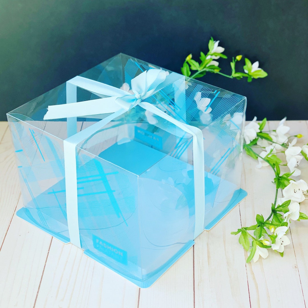 20 Sets Blue Square Clear Cake Boxes With 100 Yards Blue Ribbon - 8.5 ...