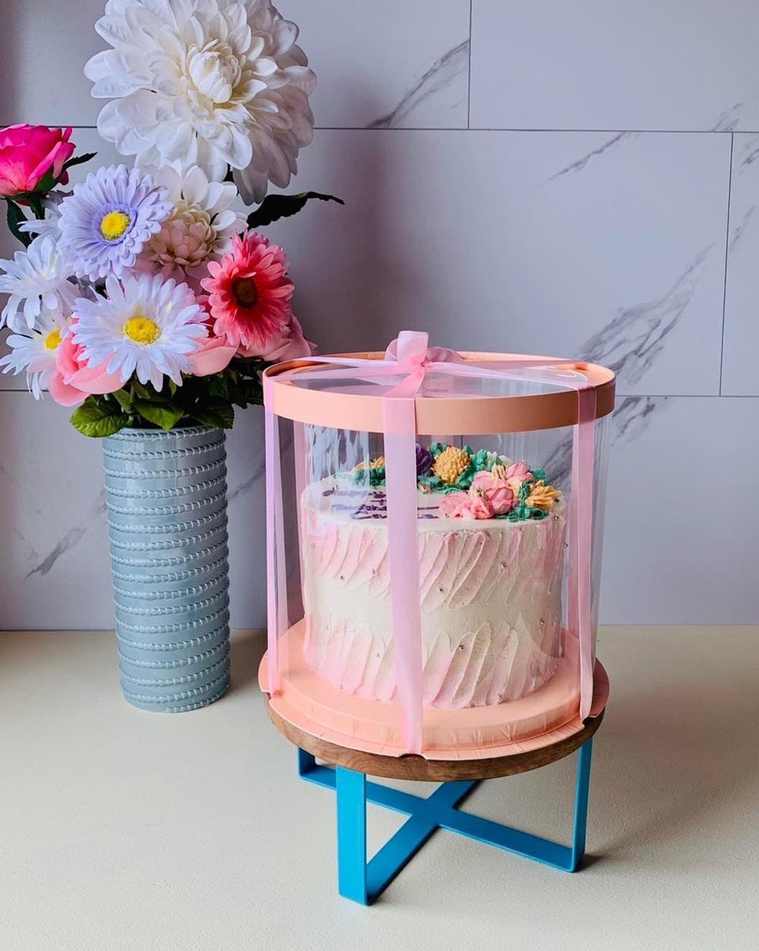 Pink Round Clear Flower Cake Box - 8.5" D by 9" Tall - Transparent Cake ...