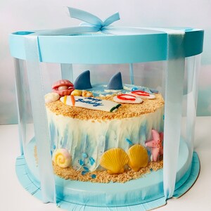 Blue Round Clear Cake Box and Ribbon - 8.5" D by 6.25" Tall ...