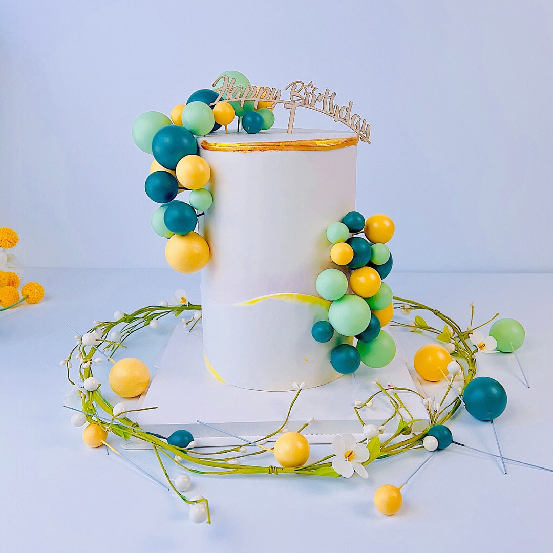 Green Yellow Dark Green Color Cake Topper Balls With Wood Happy ...