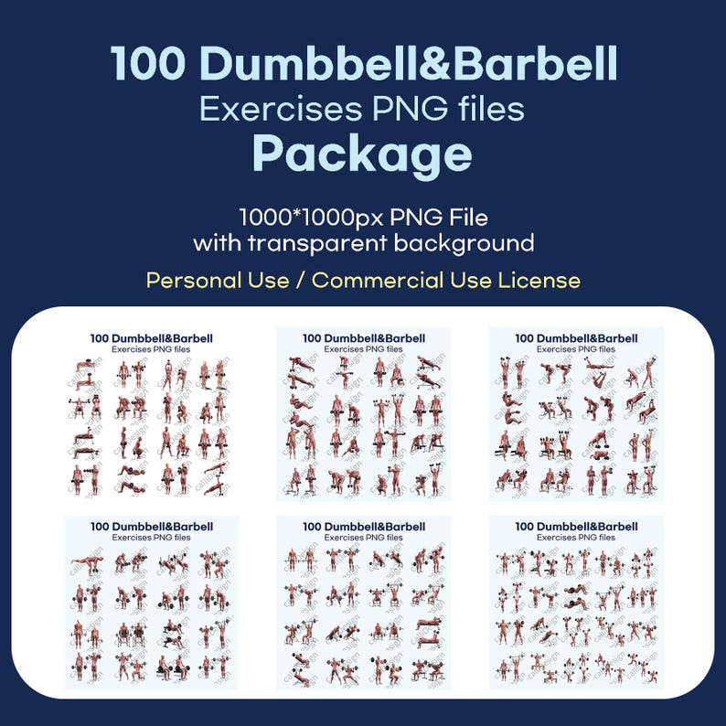 100 Dumbbell & Barbell Exercises Illustrations PNG Bundle | 50 Dumbbell ...