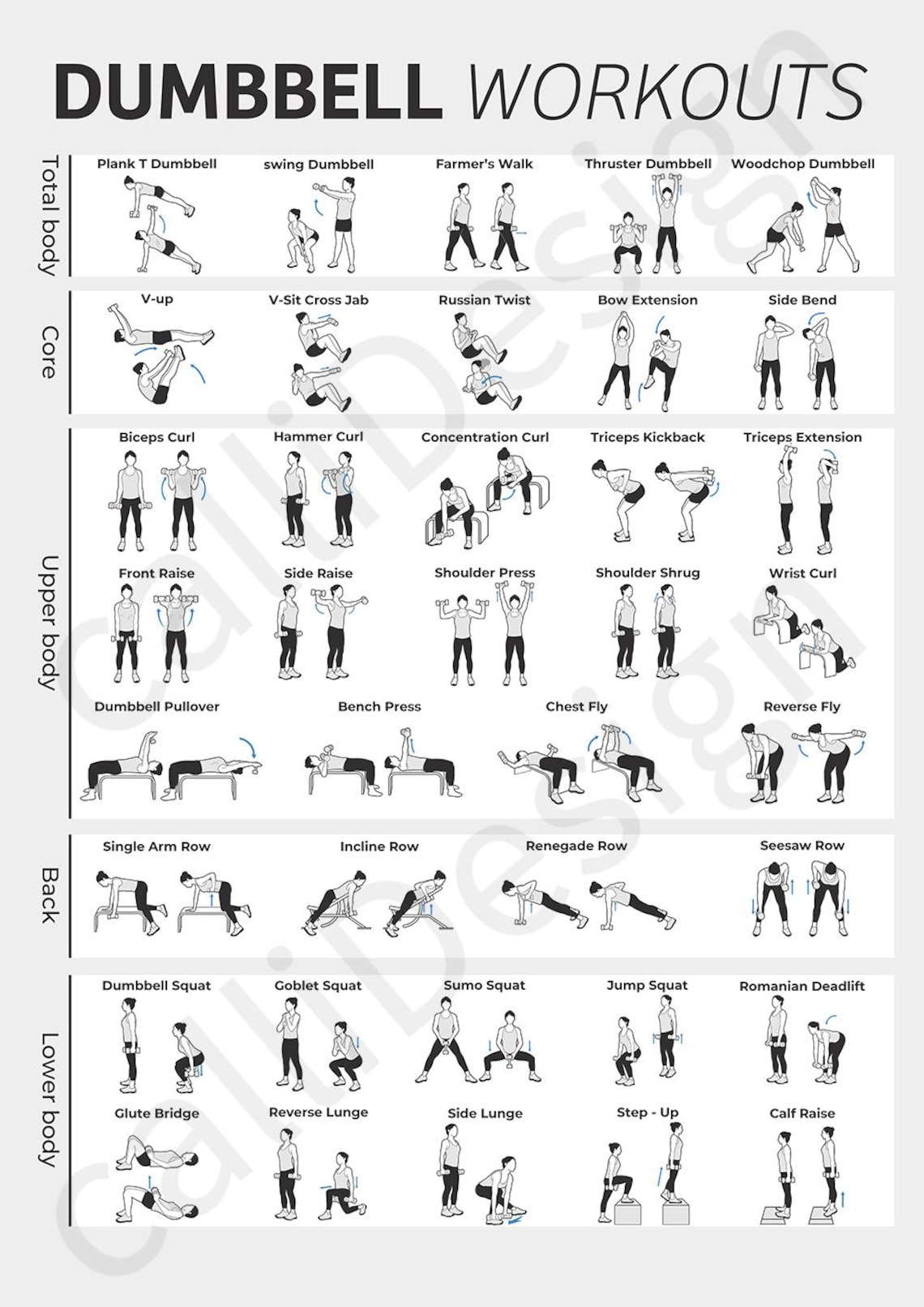 38 Dumbbell Workout Chart A4 JPG – Printable Home Gym Exercise Poster ...