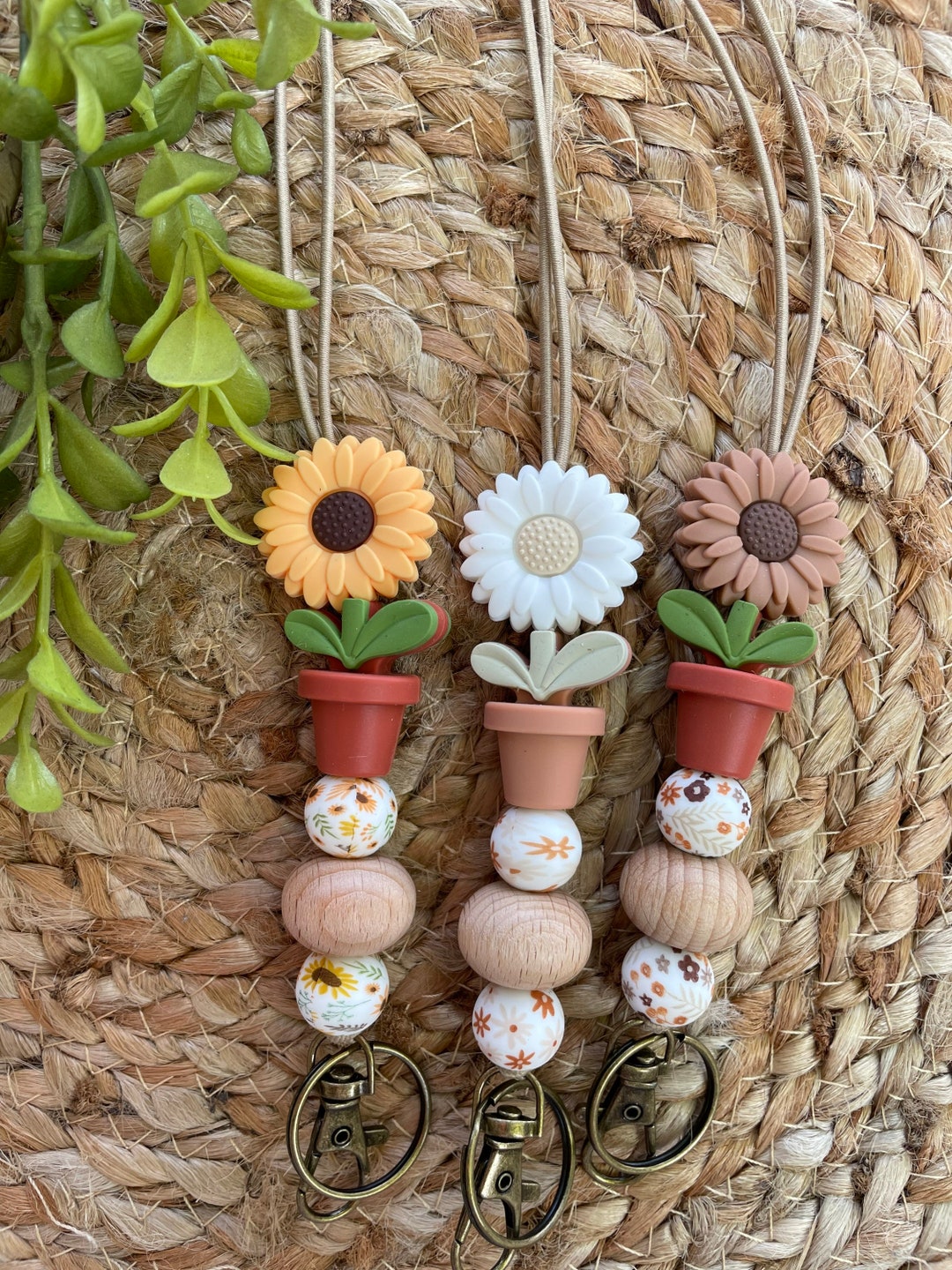 Boho Flower Pot Daisy Sunflower Stretchy Breakaway Lanyard for Keys ...