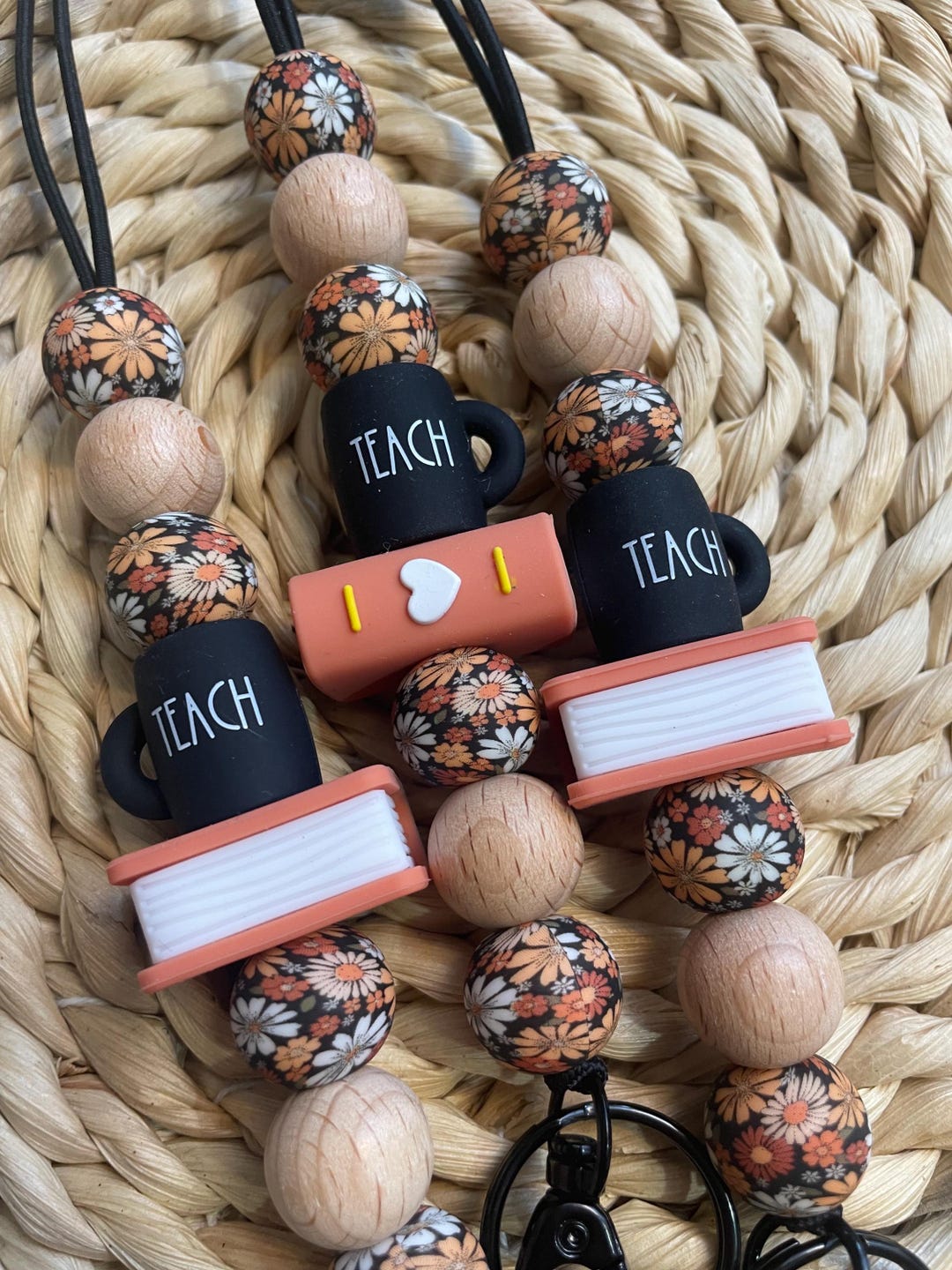 Black Floral TEACH Mug, Books Stretchy, Breakaway, Silicone Beaded ...