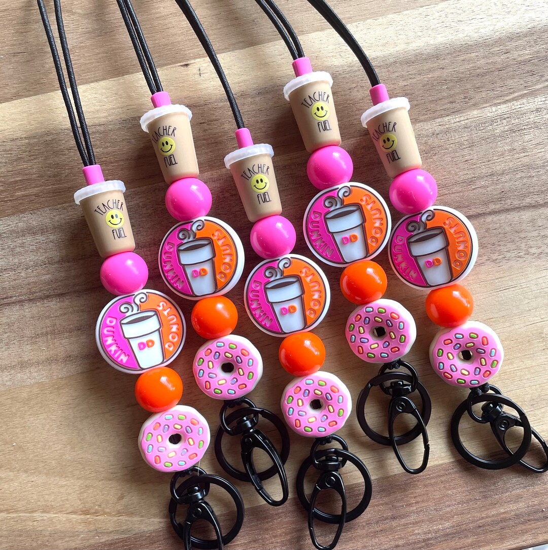 Teacher Fuel Coffee Donut Pink Orange Silicone Beaded Lanyard for ...