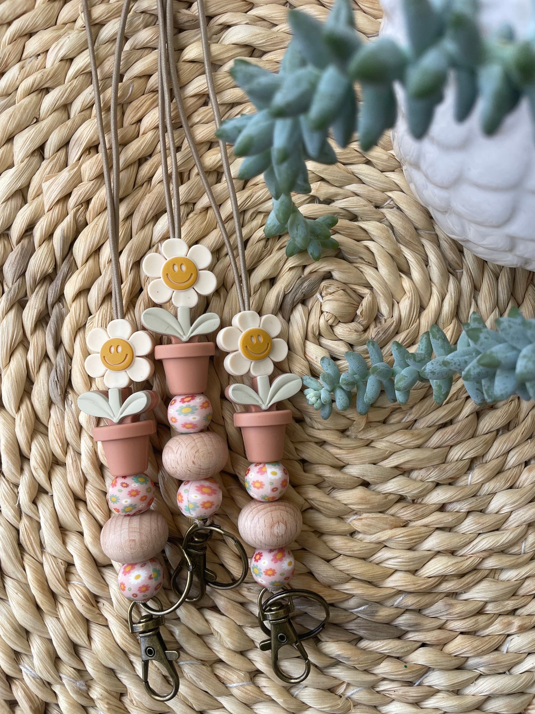Boho Smiley Daisy Flower Pot Stretchy Breakaway Teacher Lanyard for ...