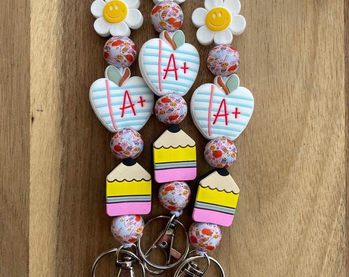 Teacher A+ Smiley Daisy Pencil Stretchy Silicone Beaded Lanyard for ...