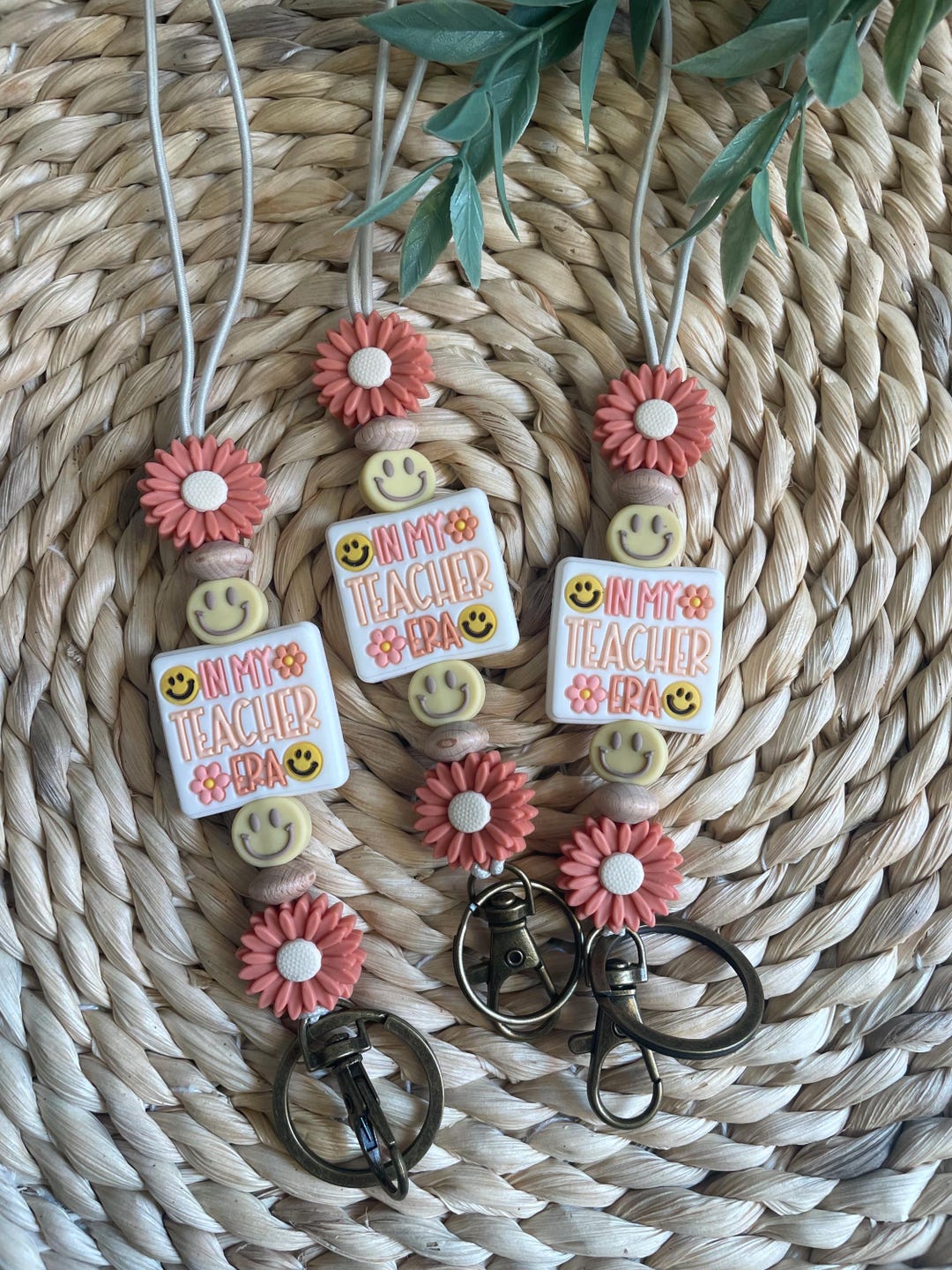 Peachy Boho Daisy in My Teacher Era Stretchy Breakaway Beaded Teacher ...