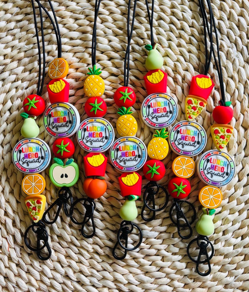 Lunch Hero Squad Beaded Lanyard, Food Charms, Teacher ID Badge - Etsy