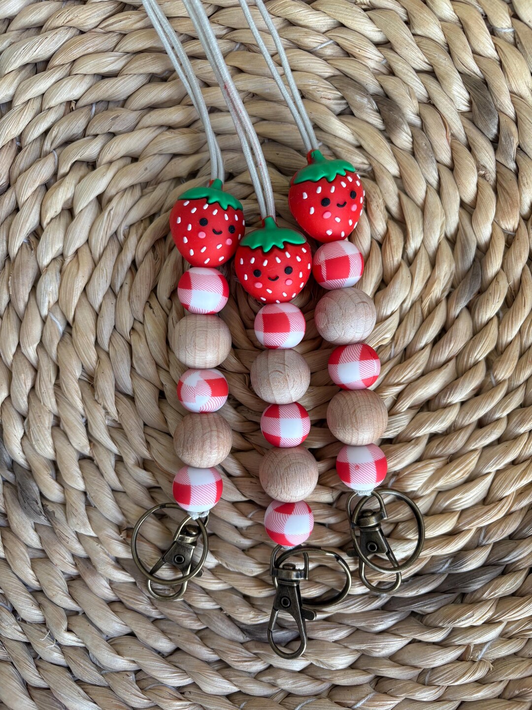 Country Farm Strawberry Gingham Stretchy Breakaway Lanyard for Teachers ...