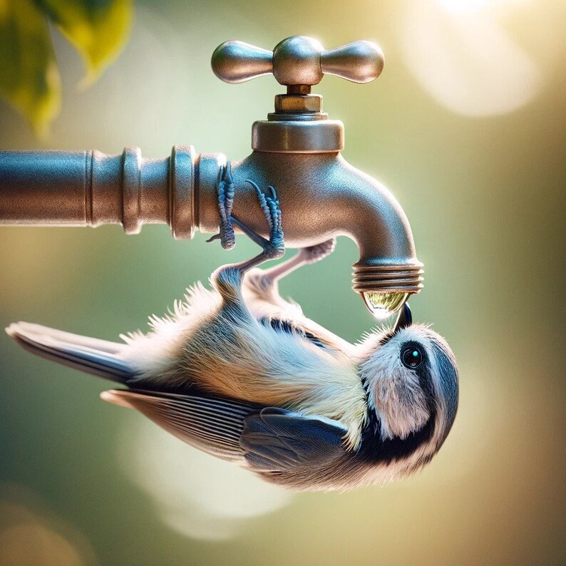Here is the Image of a Titmouse Bird Hanging Upside Down on a Faucet ...