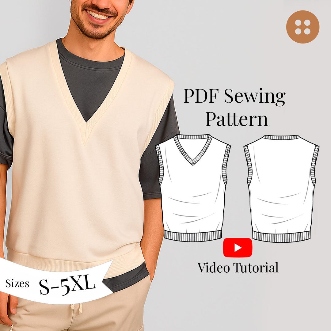 Men's Knit Vest Sewing Pattern: Sizes S-5XL (PDF Pattern + Video ...