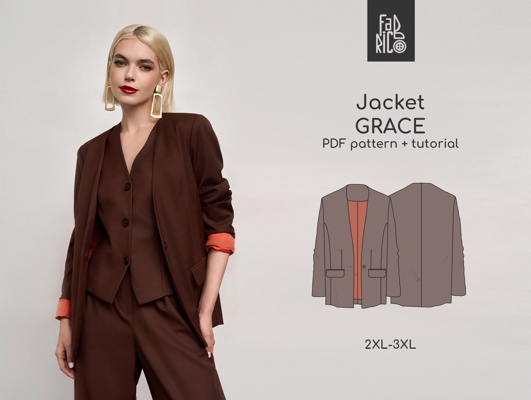 Collarless Blazer Sewing Pattern Sizes 2XL-3XL/ Woman Jacket PDF Sewing ...