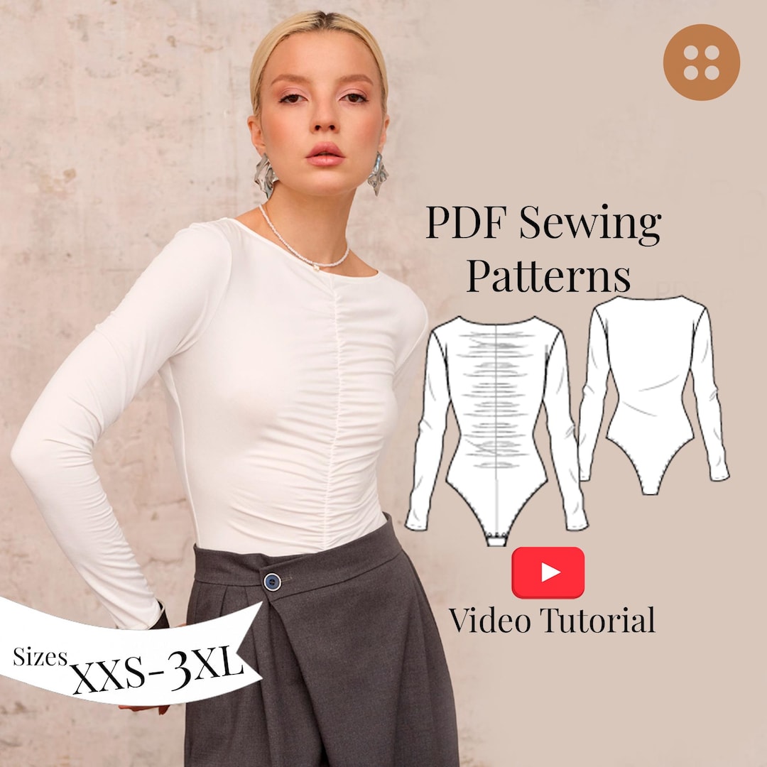 Front Draped Bodysuit PDF Sewing Pattern (XXS–3XL) + Video Sewing ...