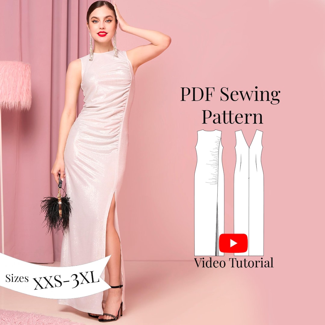 Slit Evening Dress PDF Sewing Pattern + Video Tutorial (sizes XXS-3XL ...