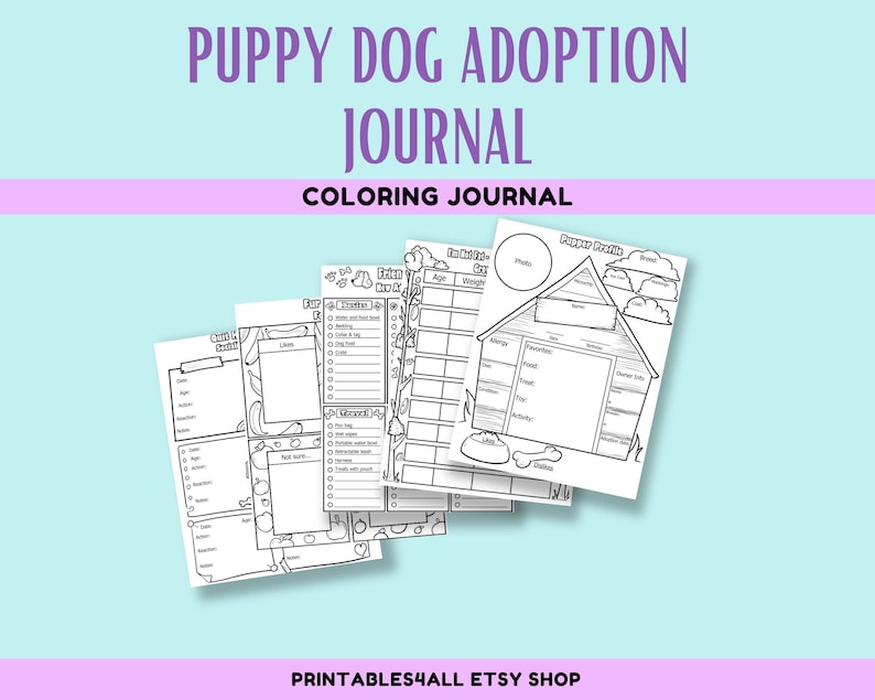 PUPPY DOG ADOPTION Coloring Journal Activity Log Book 29 Unique Pages ...
