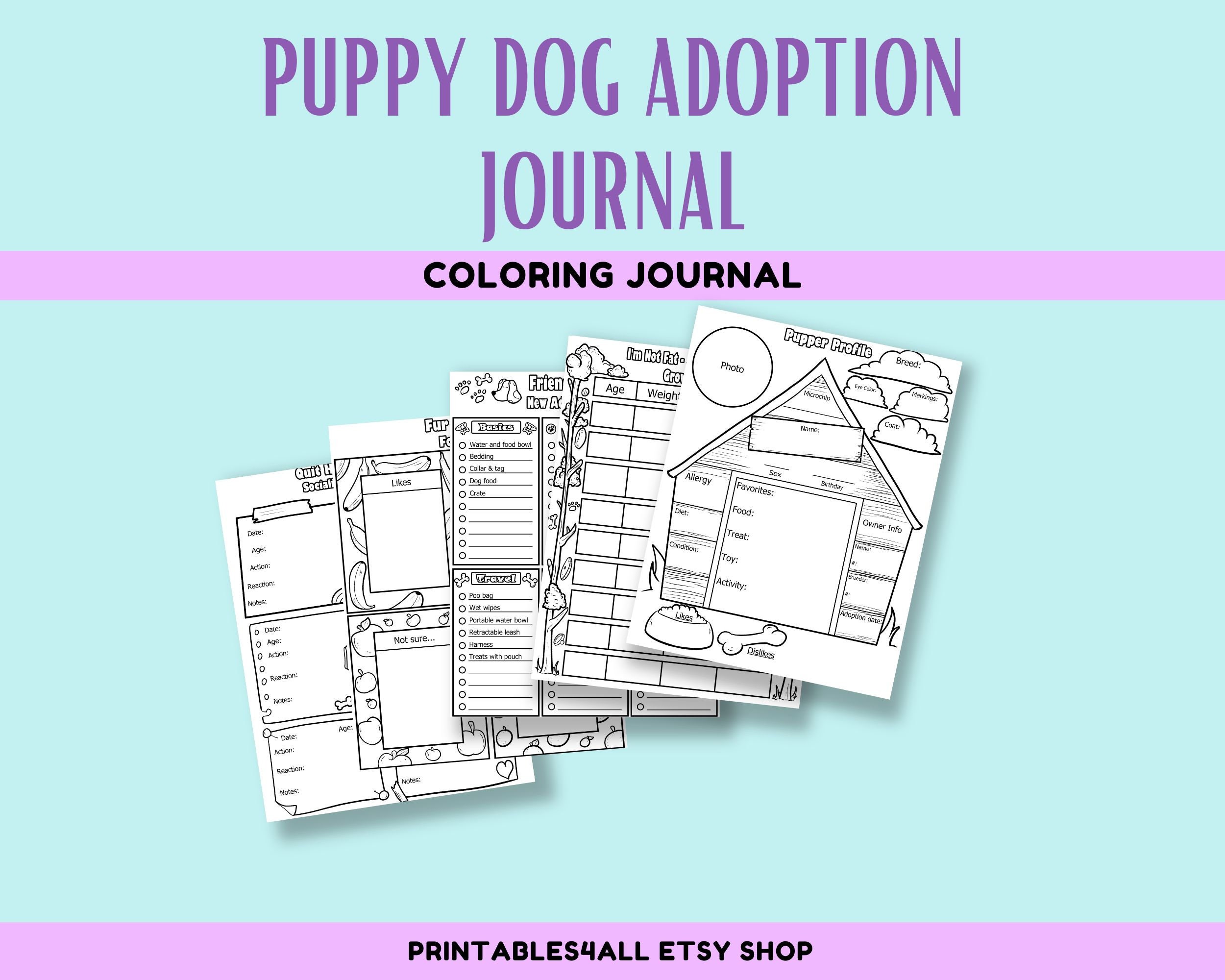 PUPPY DOG ADOPTION Coloring Journal Activity Log Book 29 Unique Pages ...