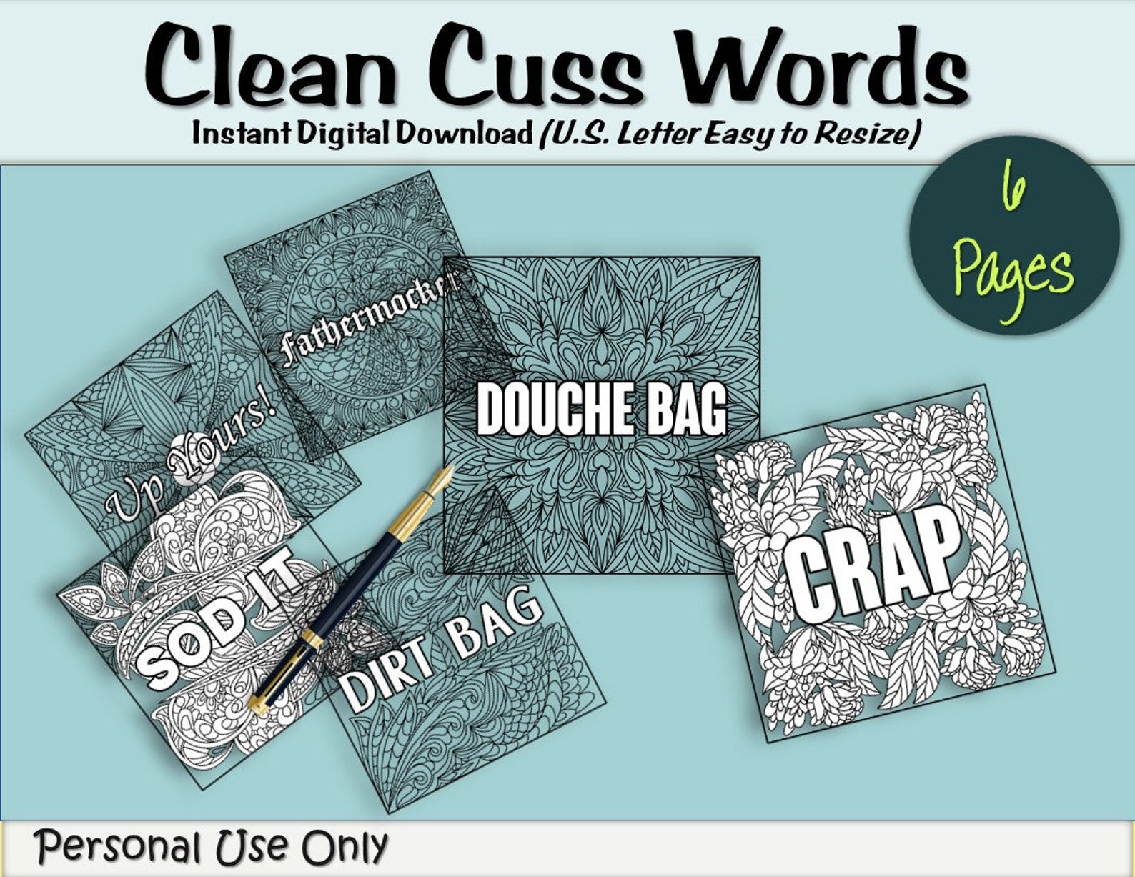 6 ADULT COLORING PAGES Set of 6 English "clean Cuss Words" Relaxation ...