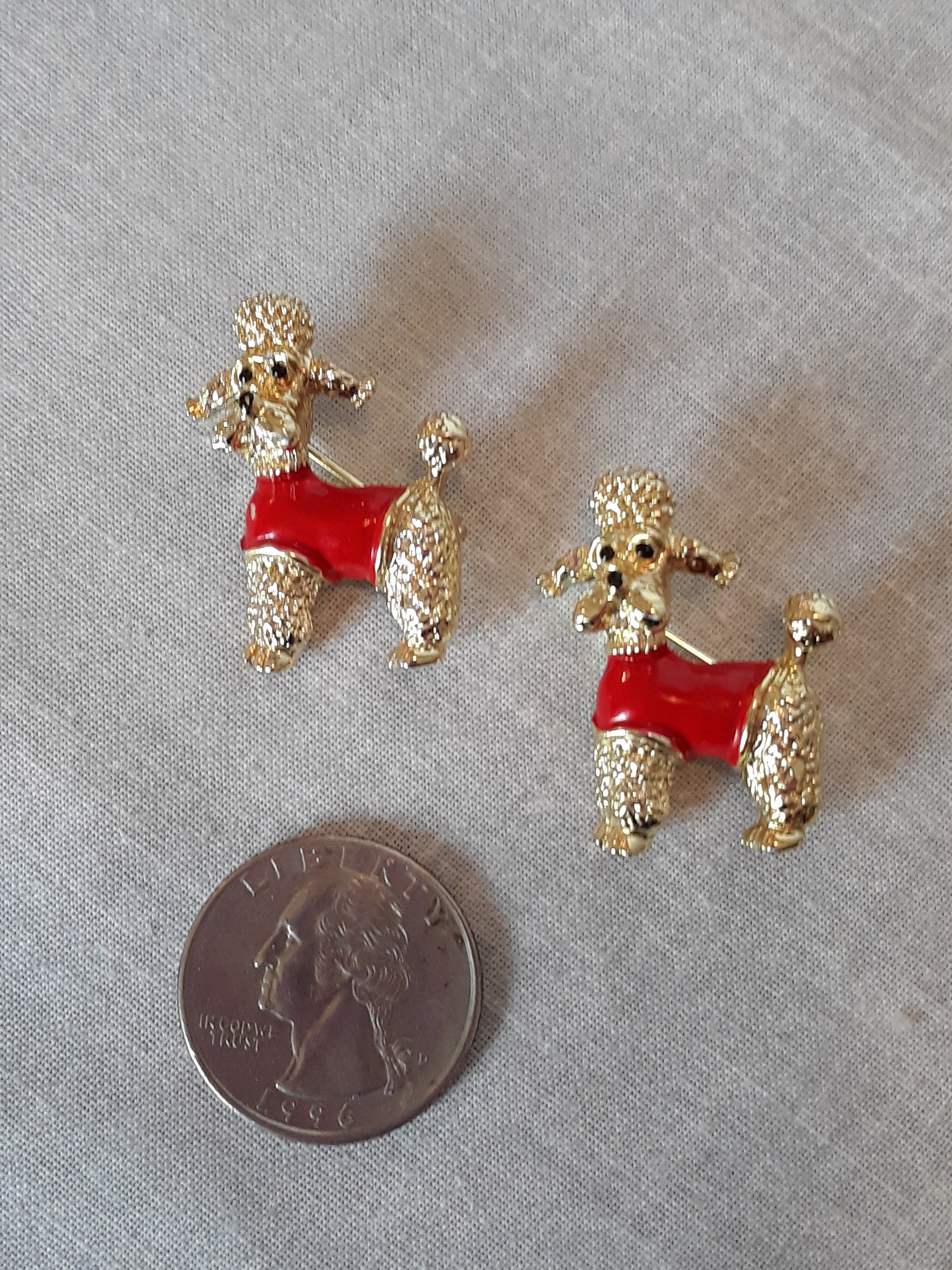 Signed Gerry's Pair of Cold Poodles Brooches/pins, Gold-tone With Red ...