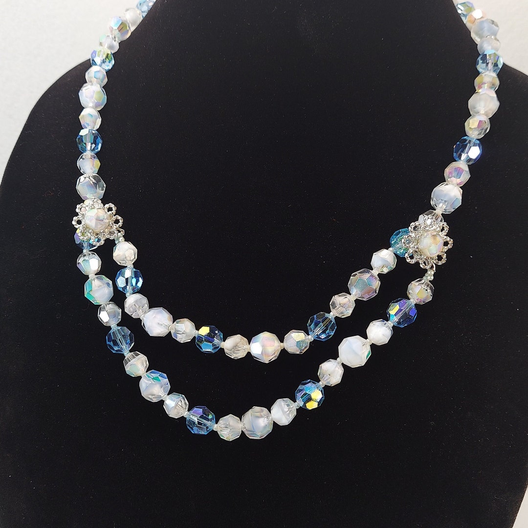 Vintage Judith Mccann Baby Blue Frosted Glass, Crystal Necklace ...