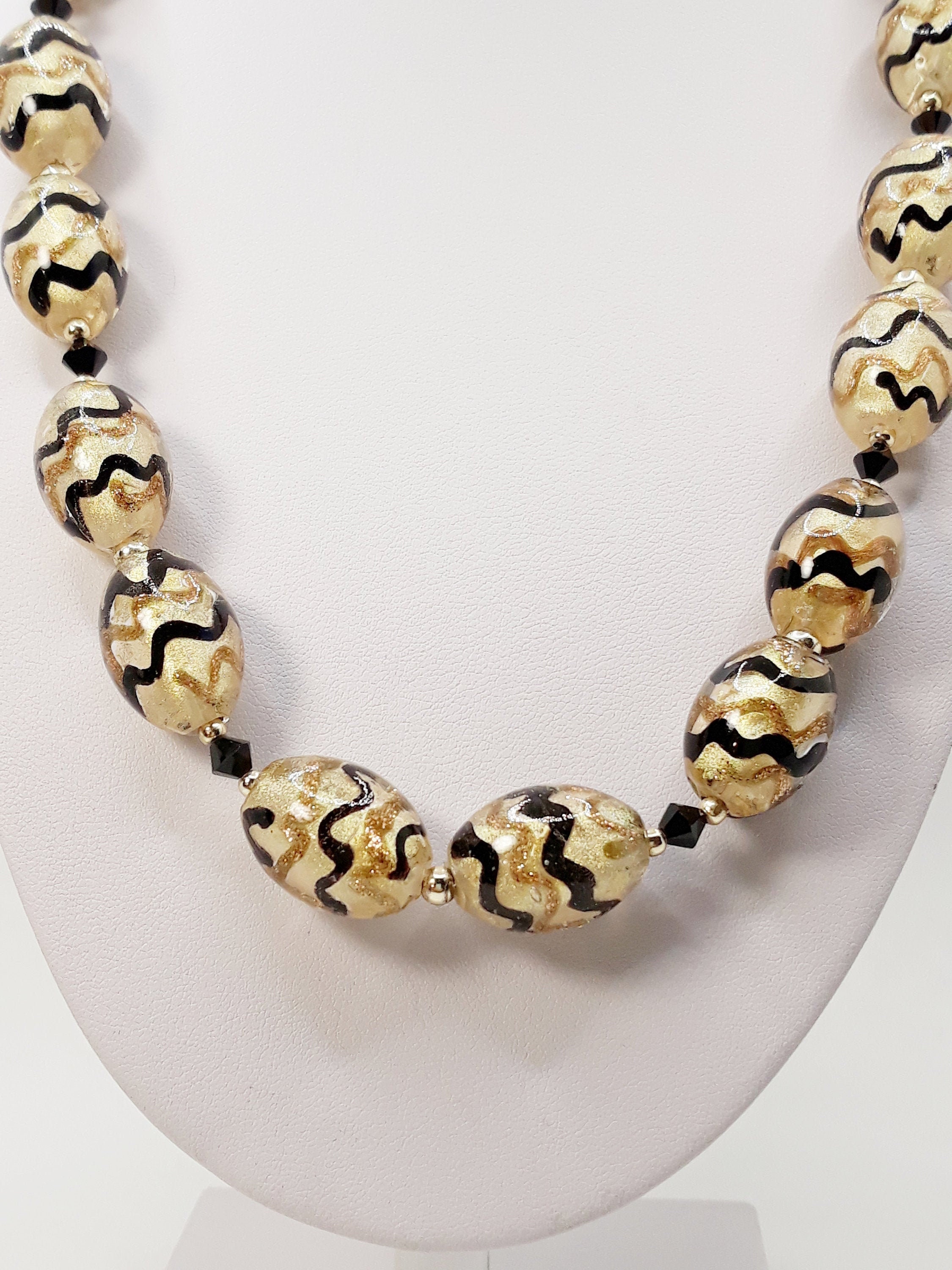 Vintage 'designs by FMC' Venetian Murano Glass Gold and Black Beaded ...