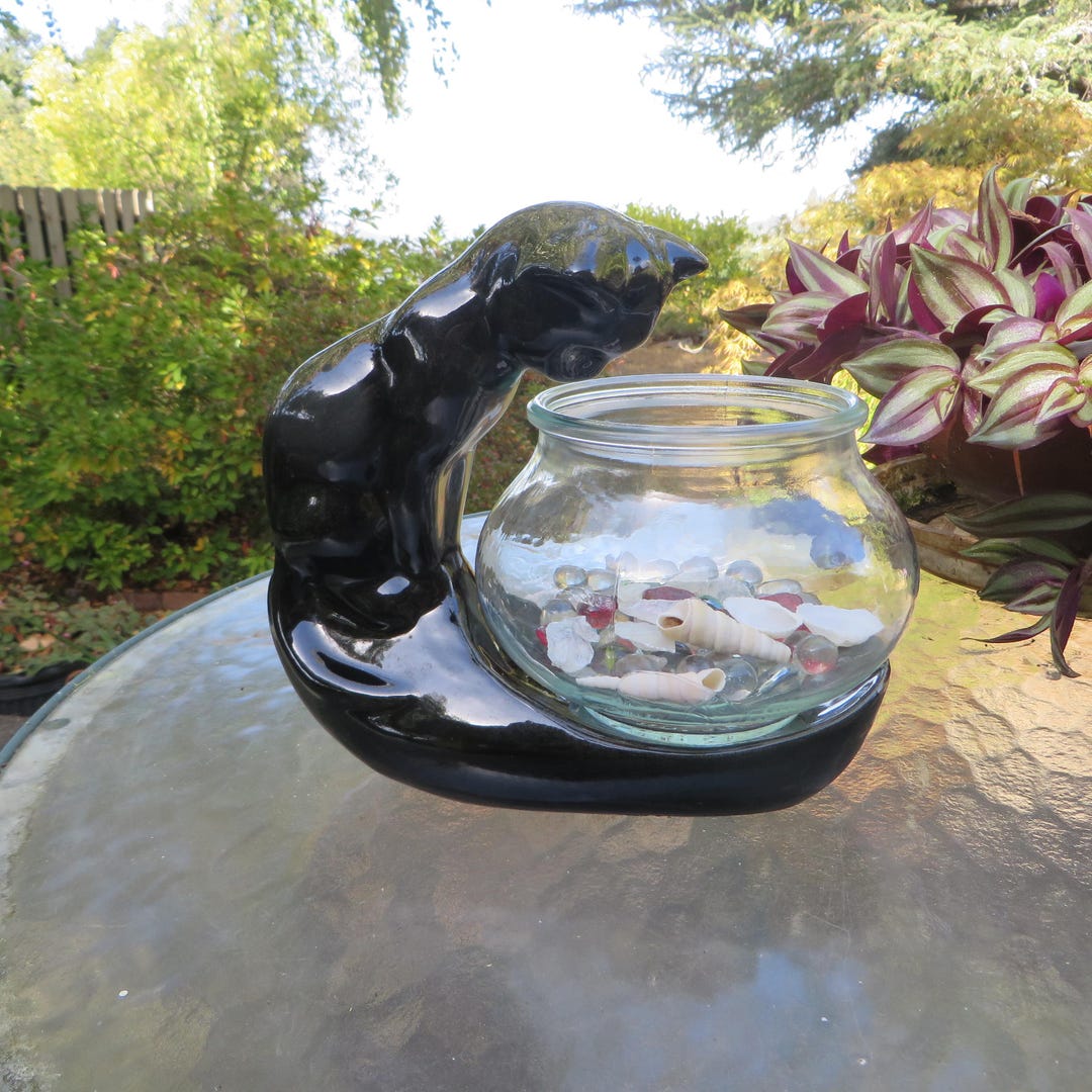 Beautiful 8" Camark Potteries Gloss Black Cat W/ Antique Fishbowl (free ...