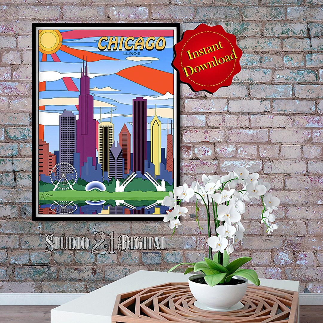 Chicago Pop Art Digital Download, Illinois City Skyline Print, Travel ...