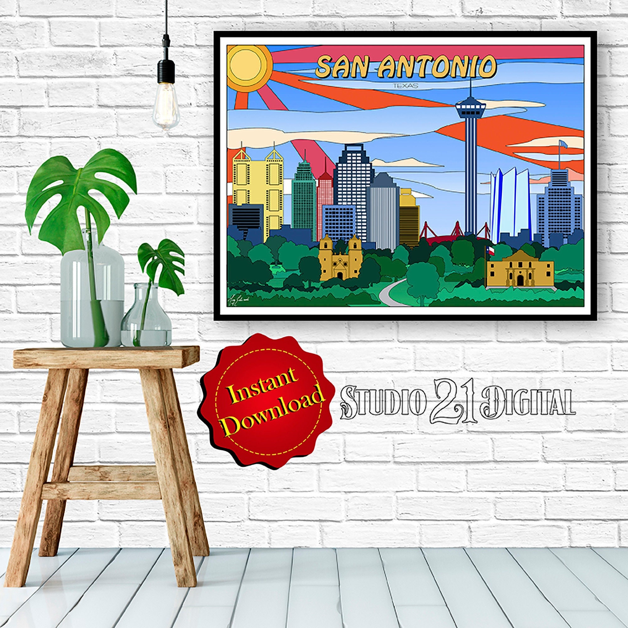 San Antonio Pop Art Digital Download, Texas City Skyline Print, Lone ...