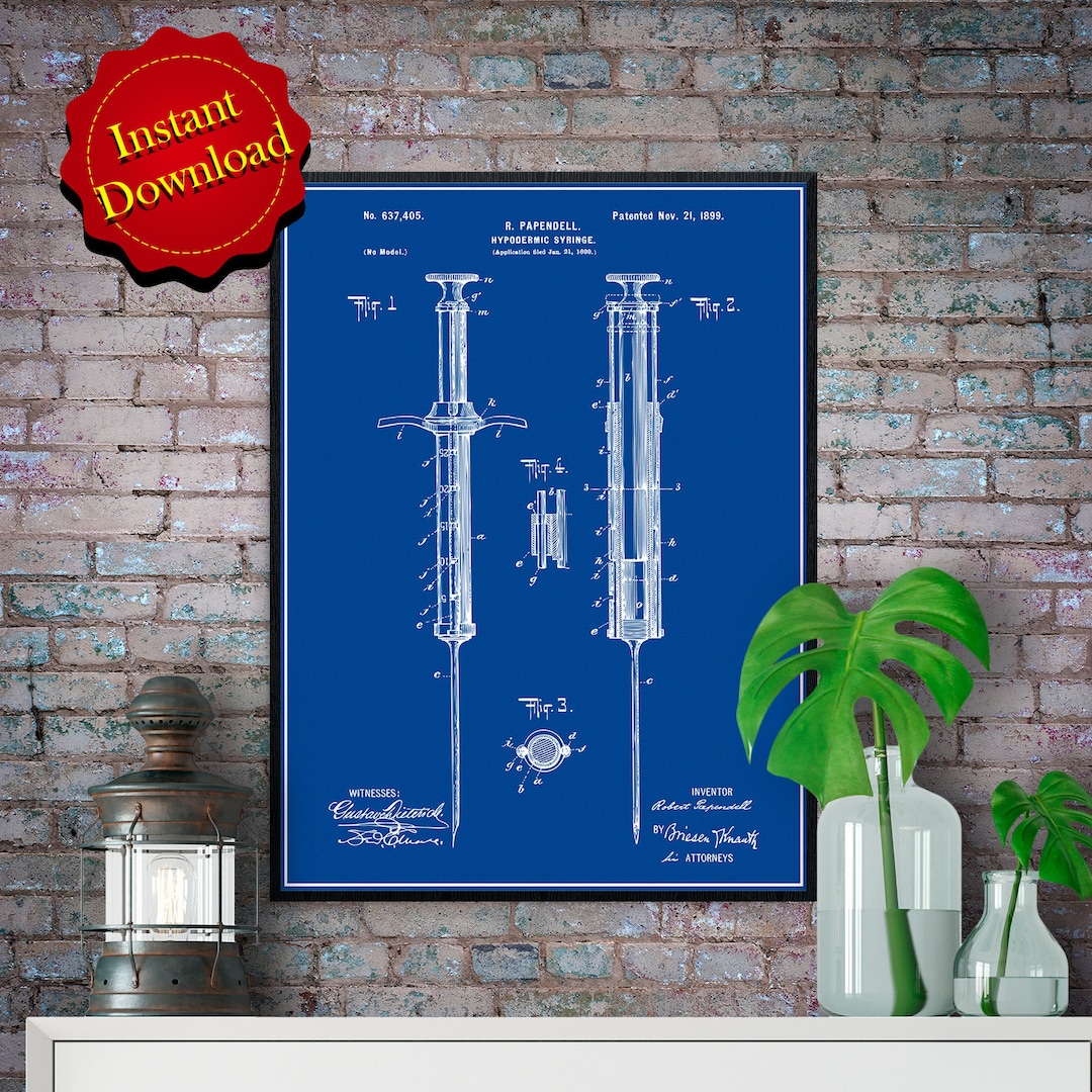 Hypodermic Syringe Patent Digital Download, Medical Wall Art - Etsy