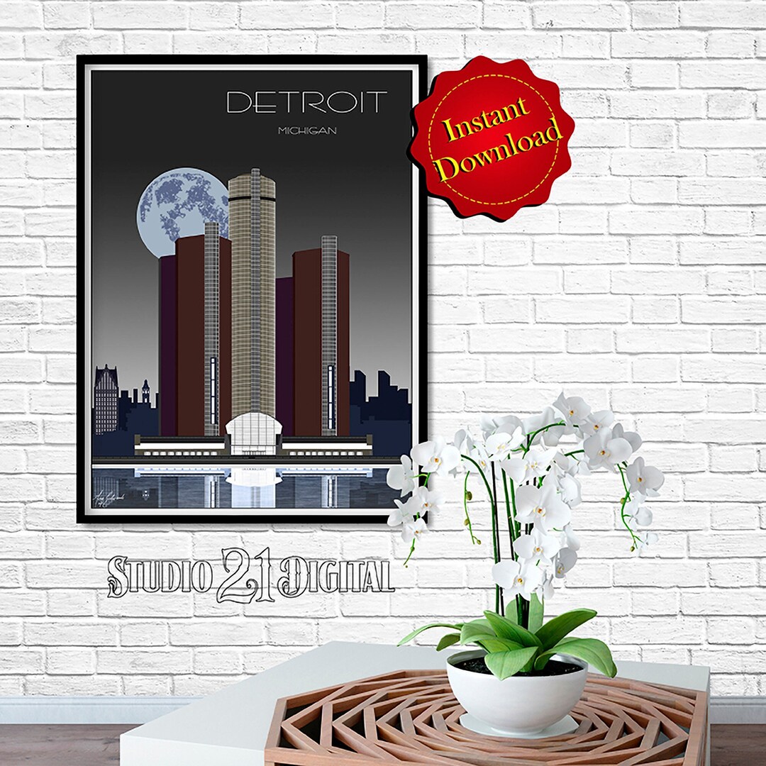 Detroit Moon Light Digital Download, Michigan City Skyline Print ...