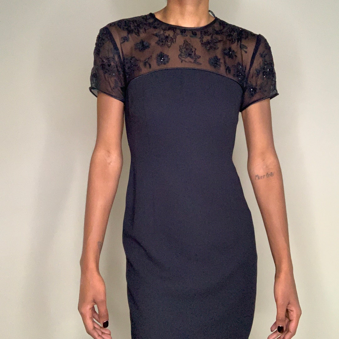Black Short Sleeve Sheer Beaded Dress | Women's Embroidered Sheer Dress ...