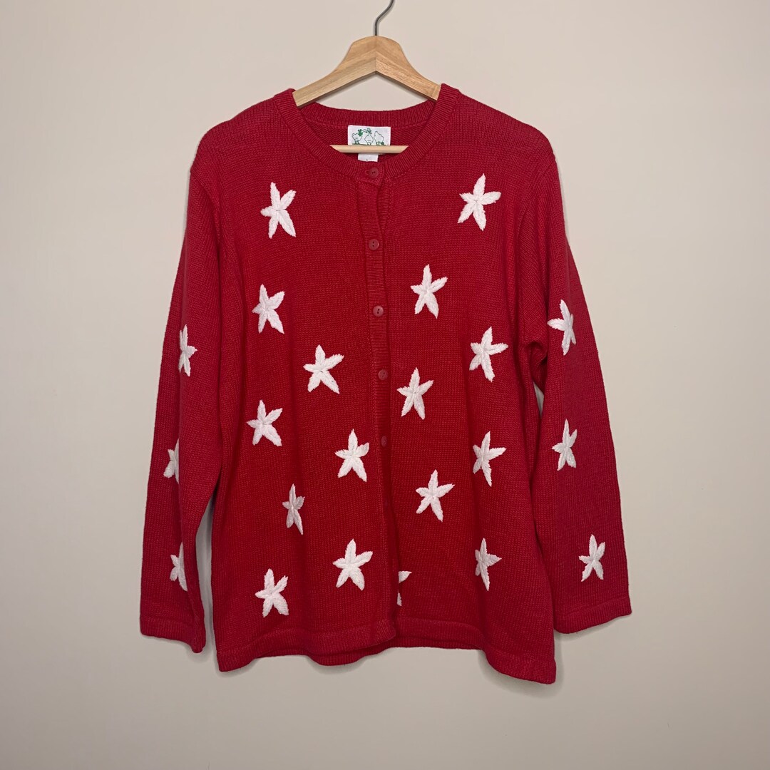 White Star Patchwork Red Cardigan | Ribbed Trim Cardigan Sweater ...