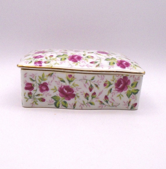 Vintage Lefton Rose Chintz Porcelain Cigarette Box/ T… - Gem