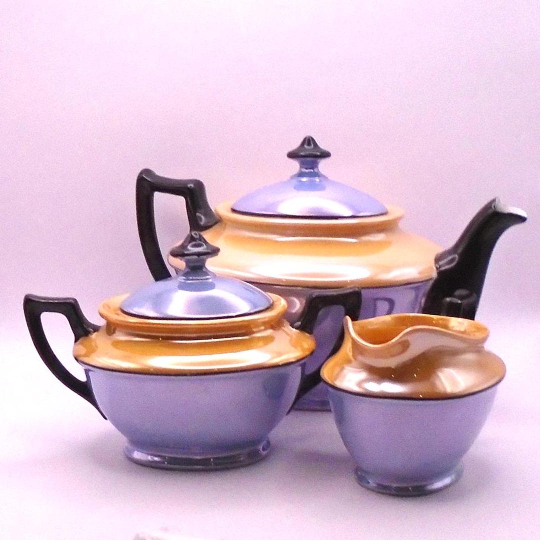 Vintage Lusterware Tea Set: Pearlized Peach, Blue & Black ...