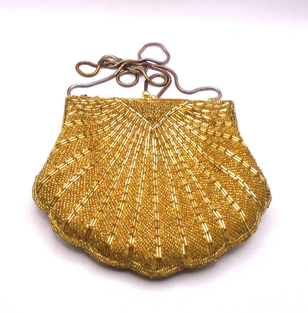 Vintage Carolyn Barton Gold Beaded Shell Shape Evening Bag / Purse With ...