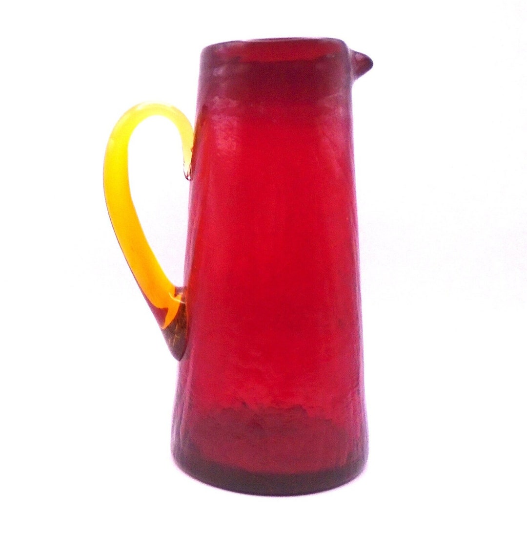 Vintage Blenko Glass Company Crackle Red Glass Pitcher With Golden ...