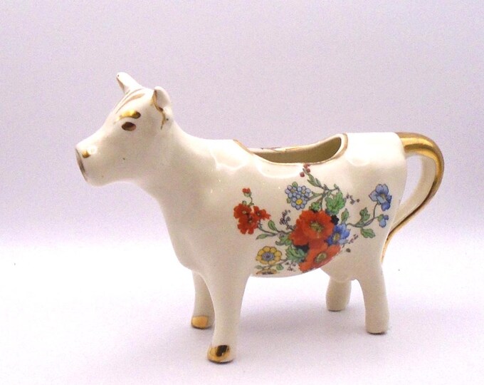 Vintage Ceramic Cow Creamer/ Pitcher With Flowers, Hand Painted, Gold ...